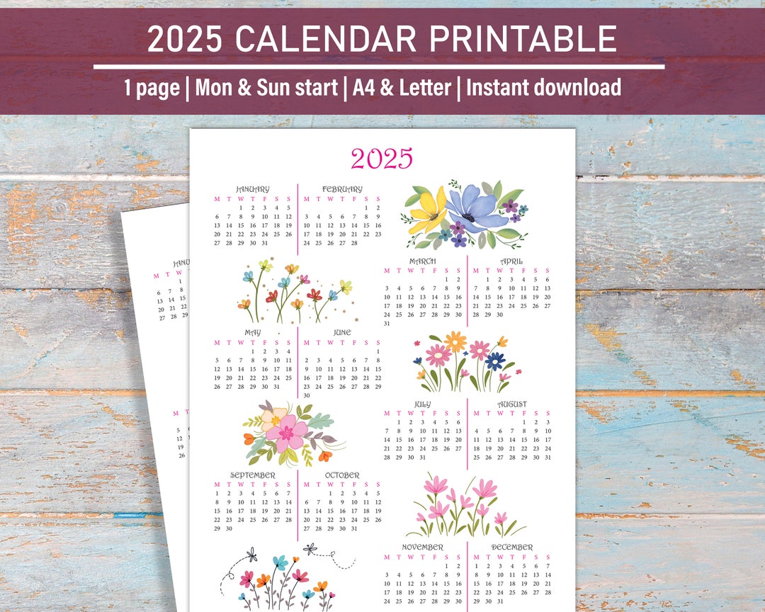 2025 Year Calendar Printable, 2025 Yearly Calendar, Desk Calendar ...