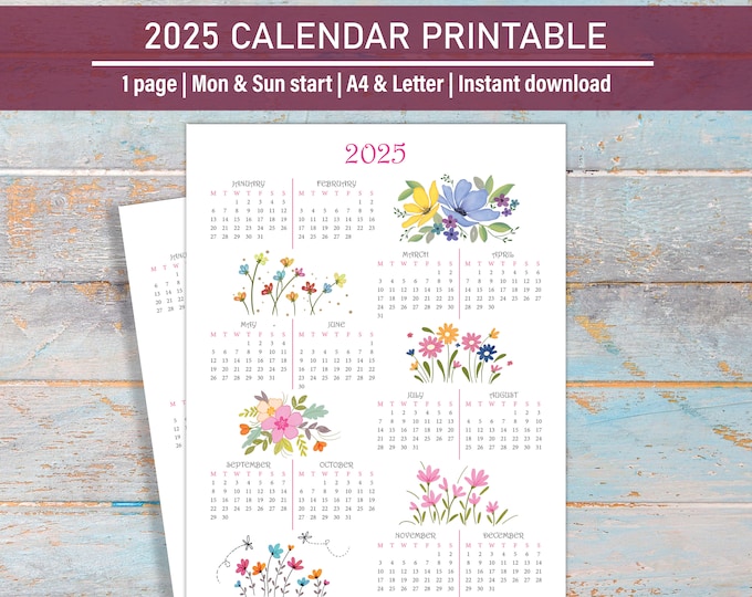 2025 Calendar Printable, 2025 Monthly Floral Calendar, Printable ...