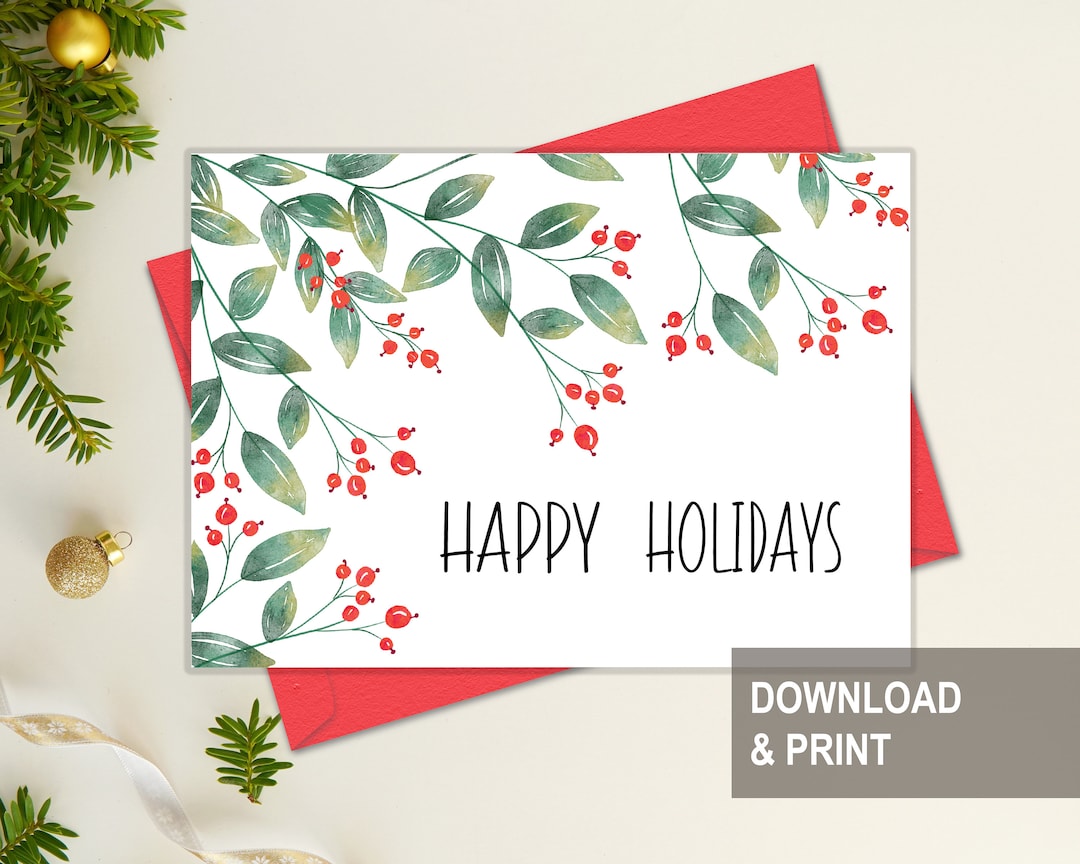 Floral Happy Holidays Card Printable, Merry Christmas Printable Card ...