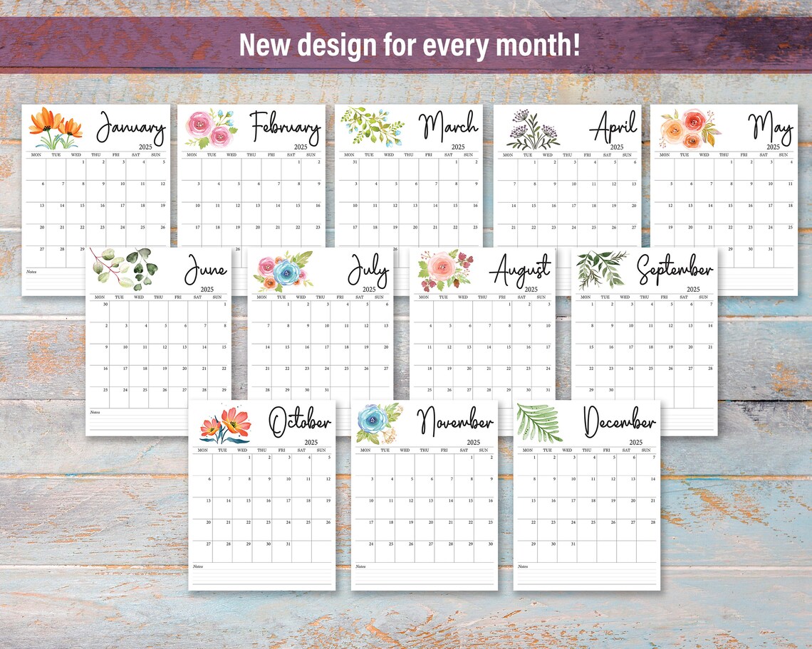 2025 Calendar Printable Download, Watercolor Floral Monthly Calendar ...