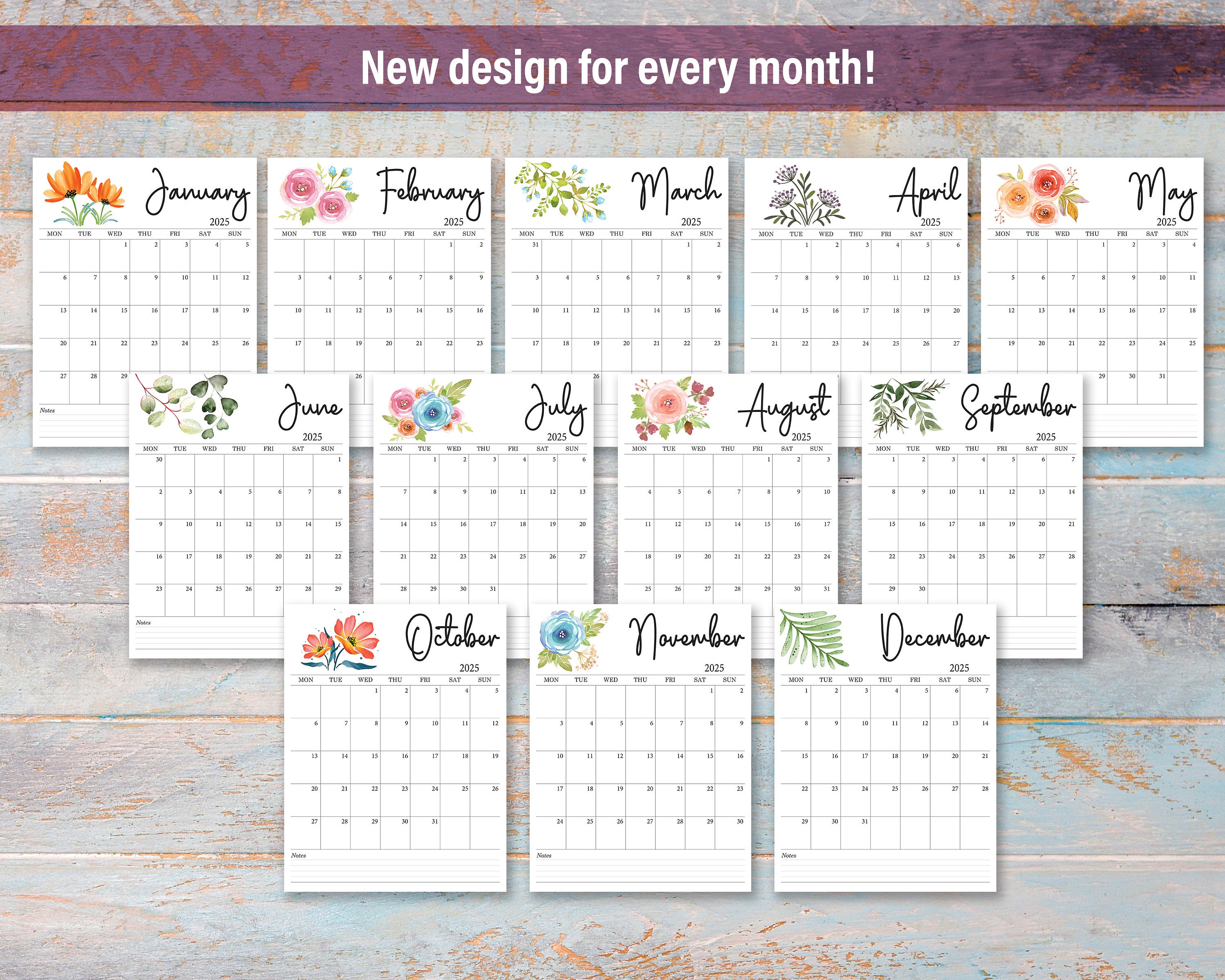 2025 Calendar Printable Download, Watercolor Floral Monthly Calendar ...