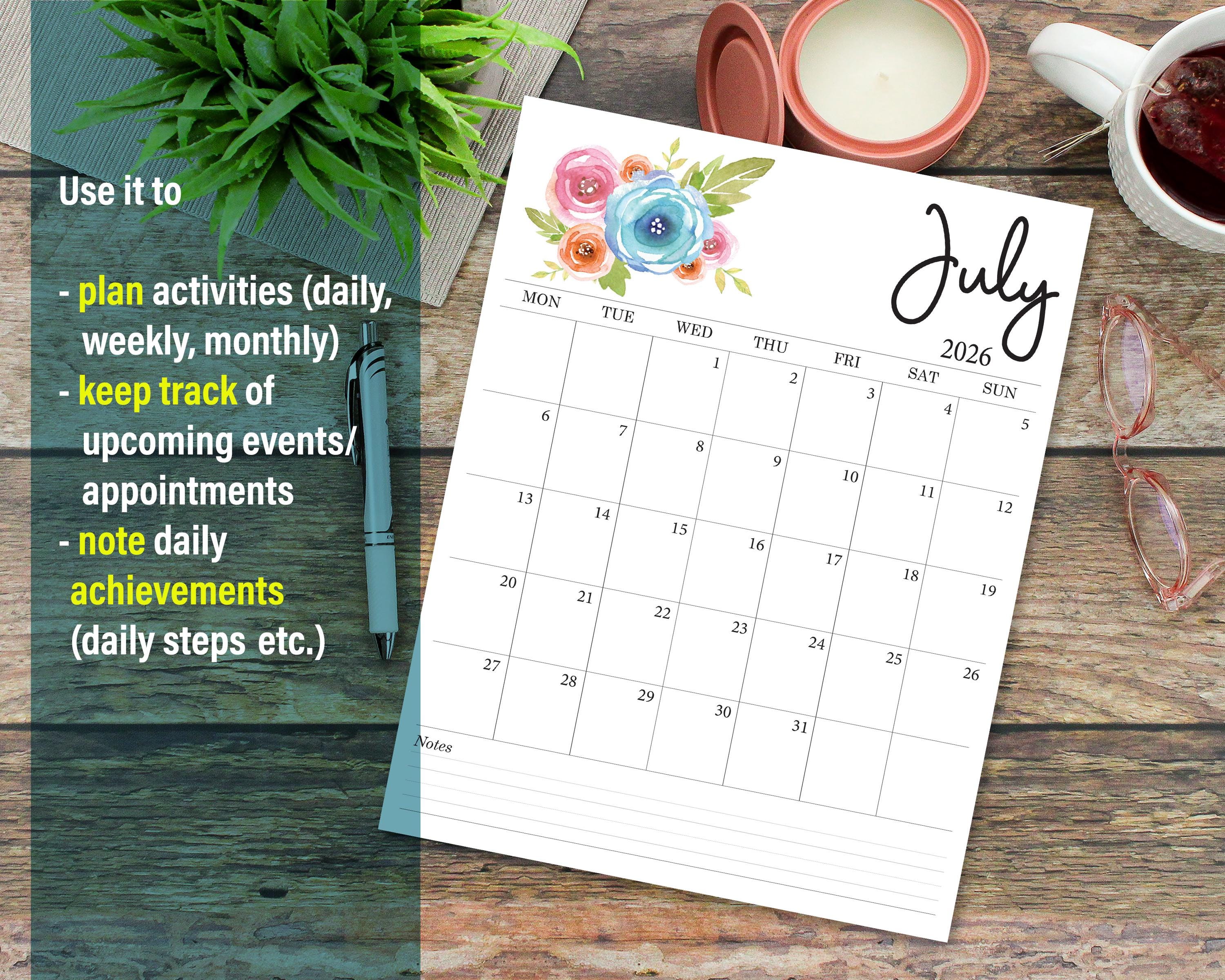 2026 Calendar Printable Download, Watercolor Floral Monthly Calendar ...