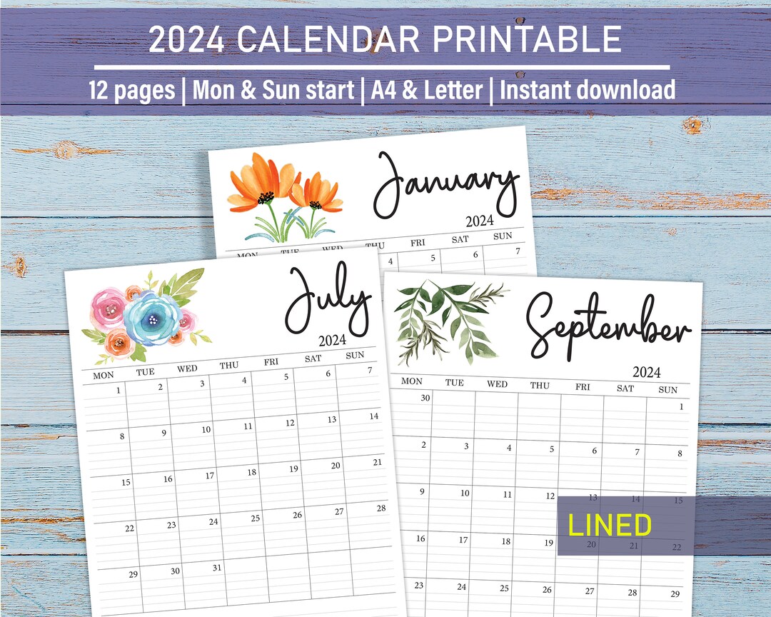 2024 Calendar Printable, Desk and Wall Calendar, Watercolor Floral ...
