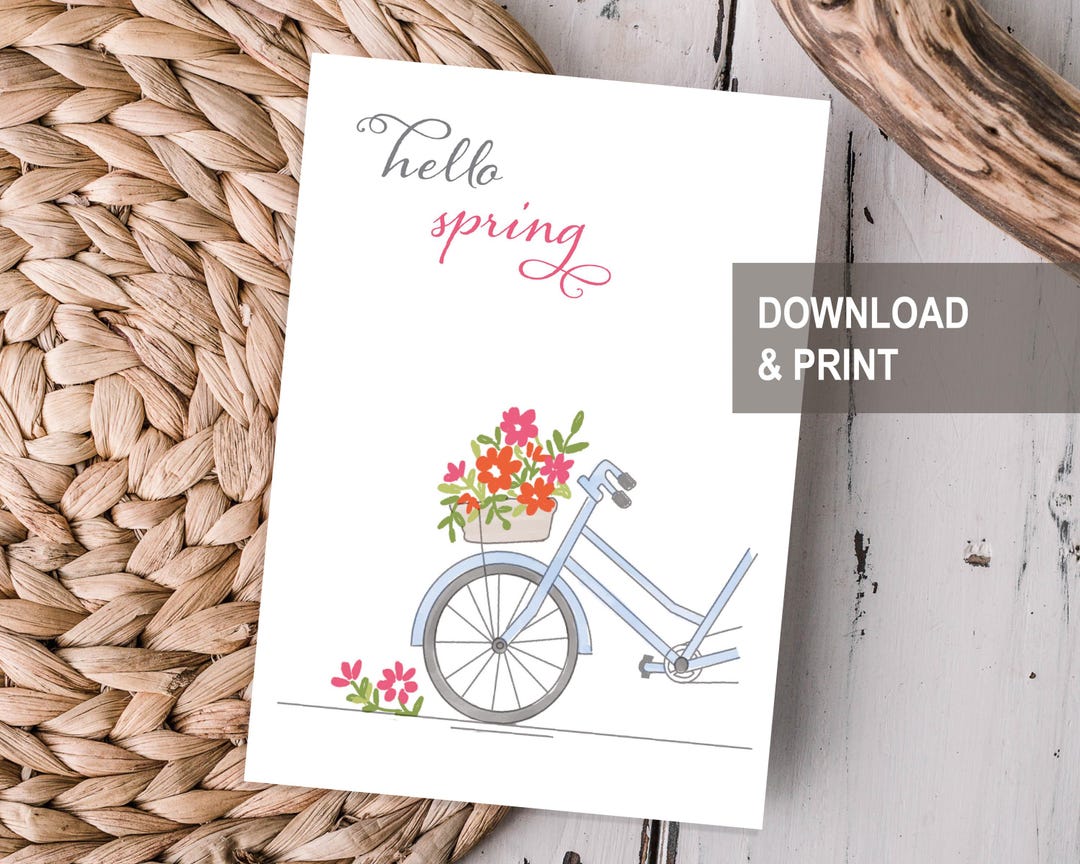 Hello Spring Card With Flowers, Printable Happy Spring Card, Watercolor ...