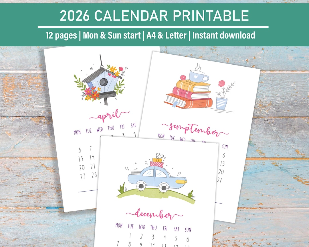 2026 Desk Calendar Printable, Mini Printable Calendar 2026, Cute Doodle ...