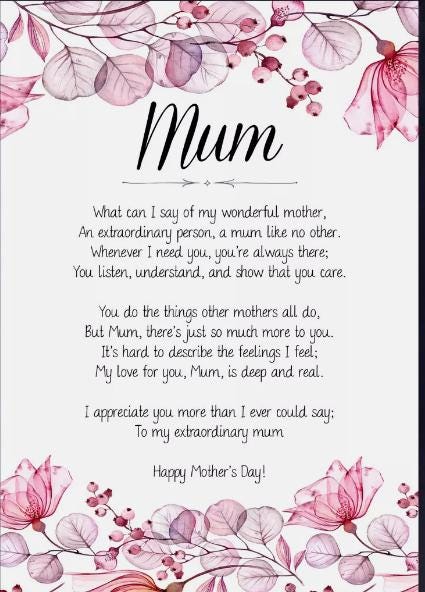 Mothers Day Poem Pink Floral Mum Personalised Gift Art Print Poster ...