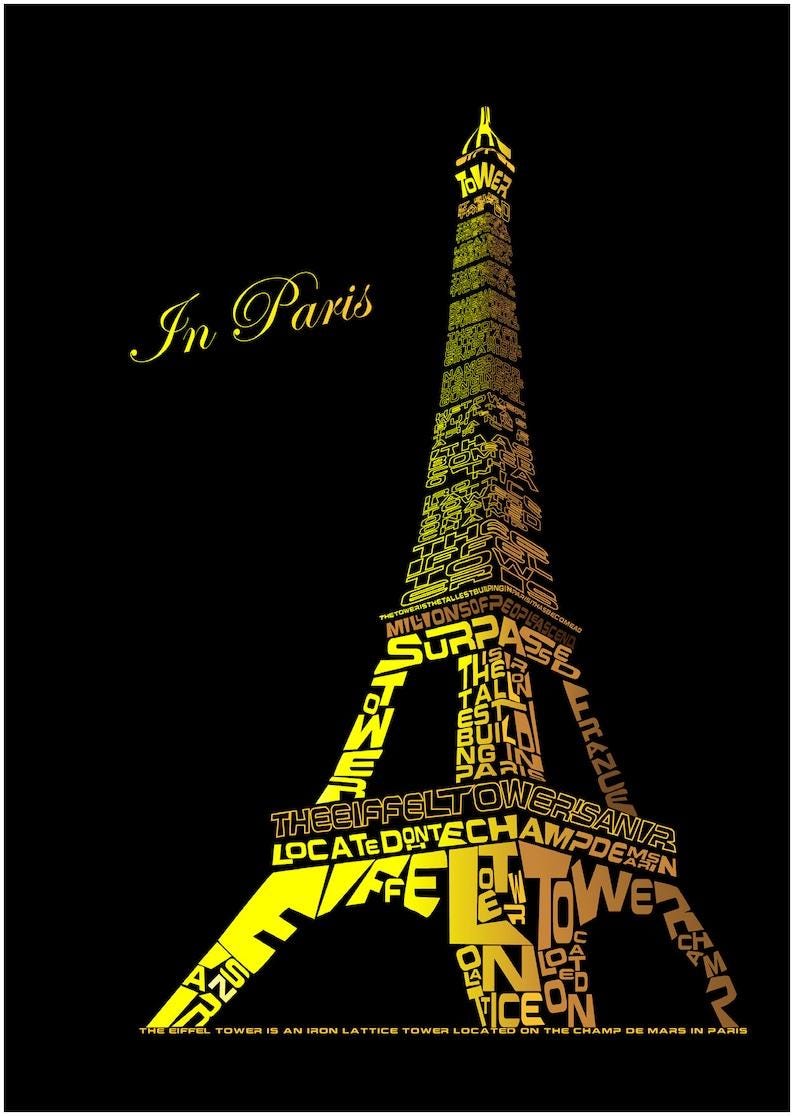 Eiffel Tower Paris Text Typography Large Poster - Etsy