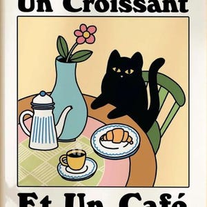 French Cafe Croissant Cat Print, Retro Drink Poster, Bistro Coffee ...