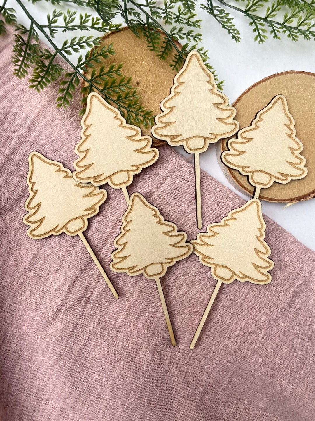 Wooden Pine Tree Cupcake Toppers - Forest-themed Party Decor - Set of 6 ...