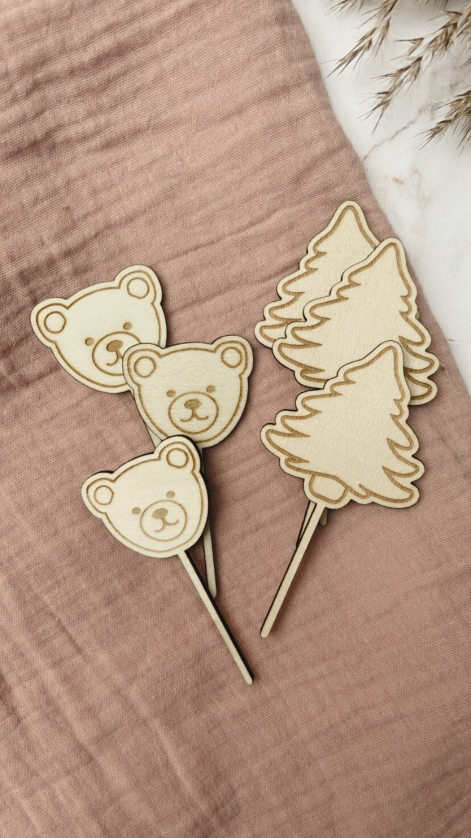 Wooden Pine Tree and Teddy Bear Cupcake Toppers - Forest Party Decor ...