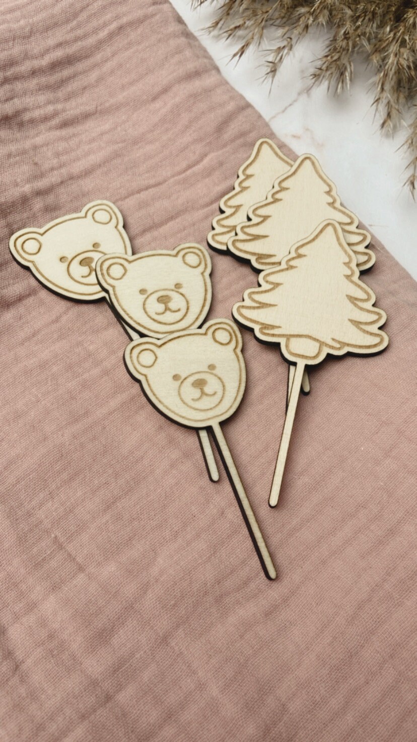 Wooden Pine Tree and Teddy Bear Cupcake Toppers - Forest Party Decor ...