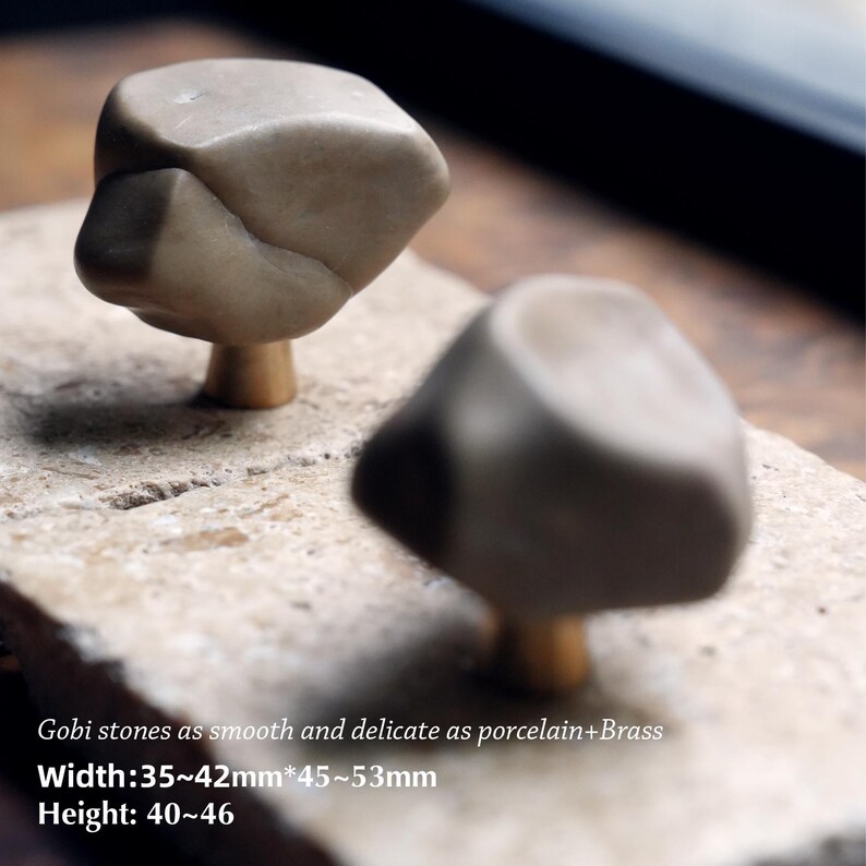 Stone Cabinet Knob — Natural Gobi Desert Rock Drawer Pull With Brass ...