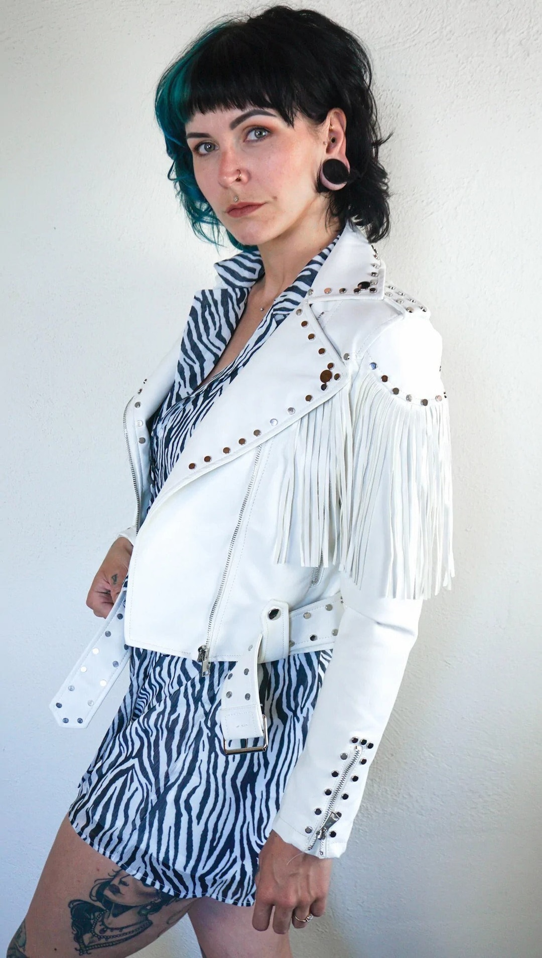 Women White Leather Fringe Studded Jacket, Fringe Jacket, Studded ...