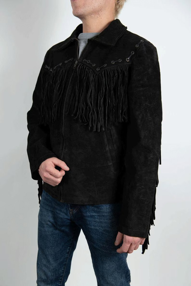 Men's Black 100% Genuine Suede Leather Fringe Jacket, Western Style ...
