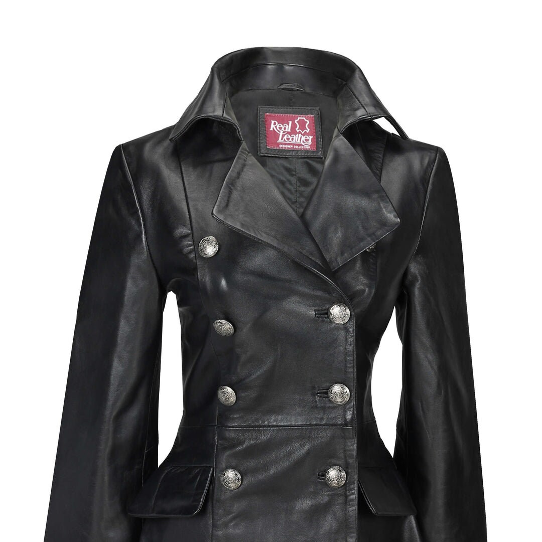 Real Leather Trench Coat Gift for Her Black Raincoat Womens Long Button ...