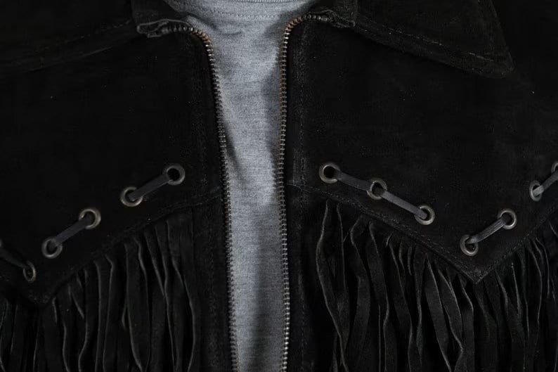 Men's Black 100% Genuine Suede Leather Fringe Jacket, Western Style ...