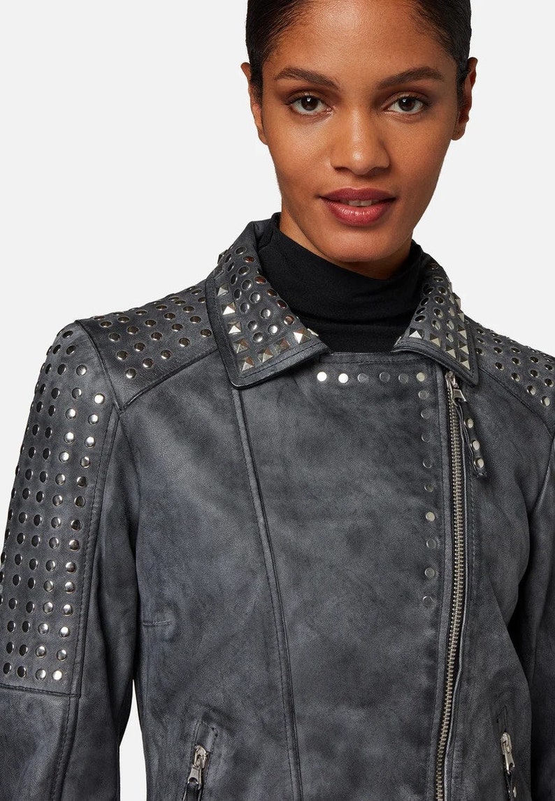 Womens Studded Leather Jacket Full Black Women Punk Silver Long Spiked ...