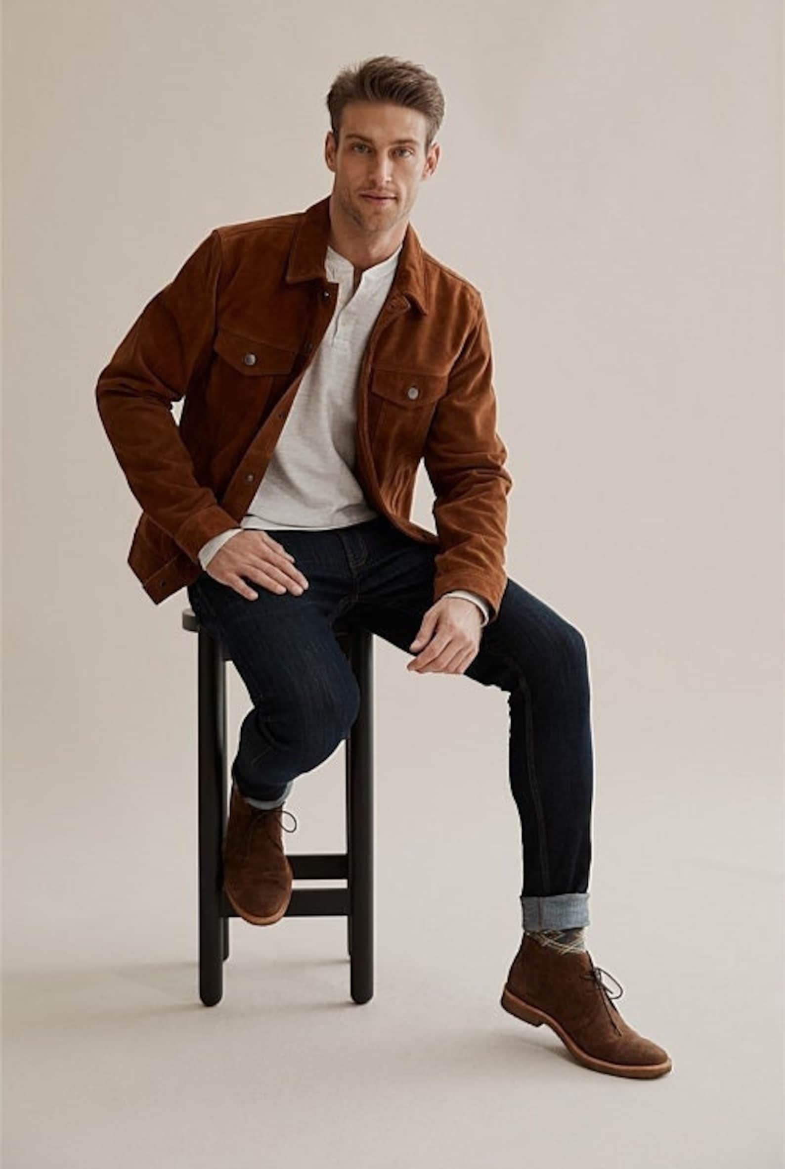 Men Suede Trucker Jacket, Real Suede Leather Scully Western Shirt, Tan ...