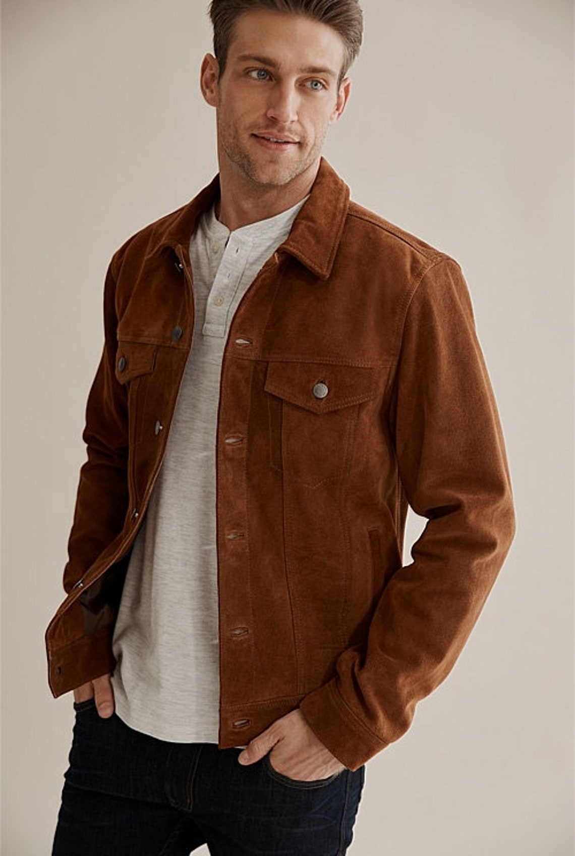 Men Suede Trucker Jacket, Real Suede Leather Scully Western Shirt, Tan ...