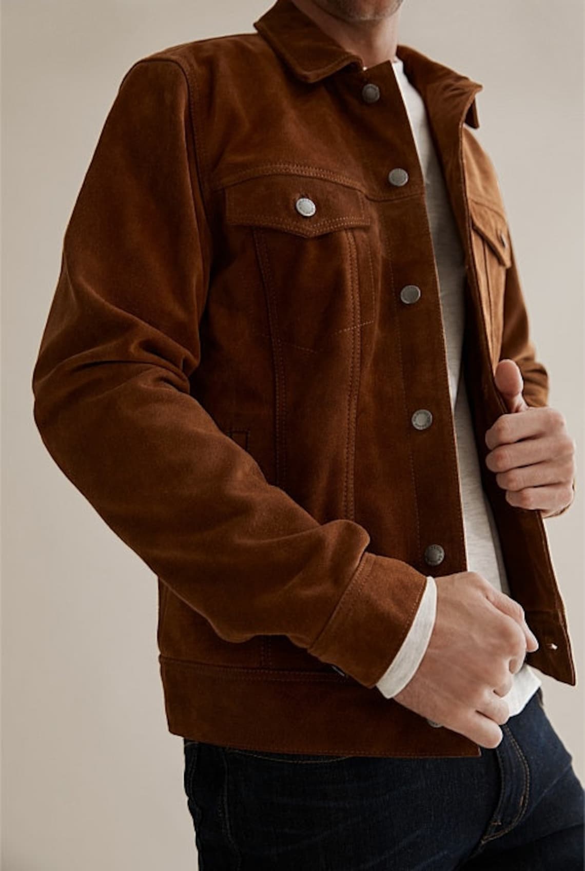 Men Suede Trucker Jacket, Real Suede Leather Scully Western Shirt, Tan ...