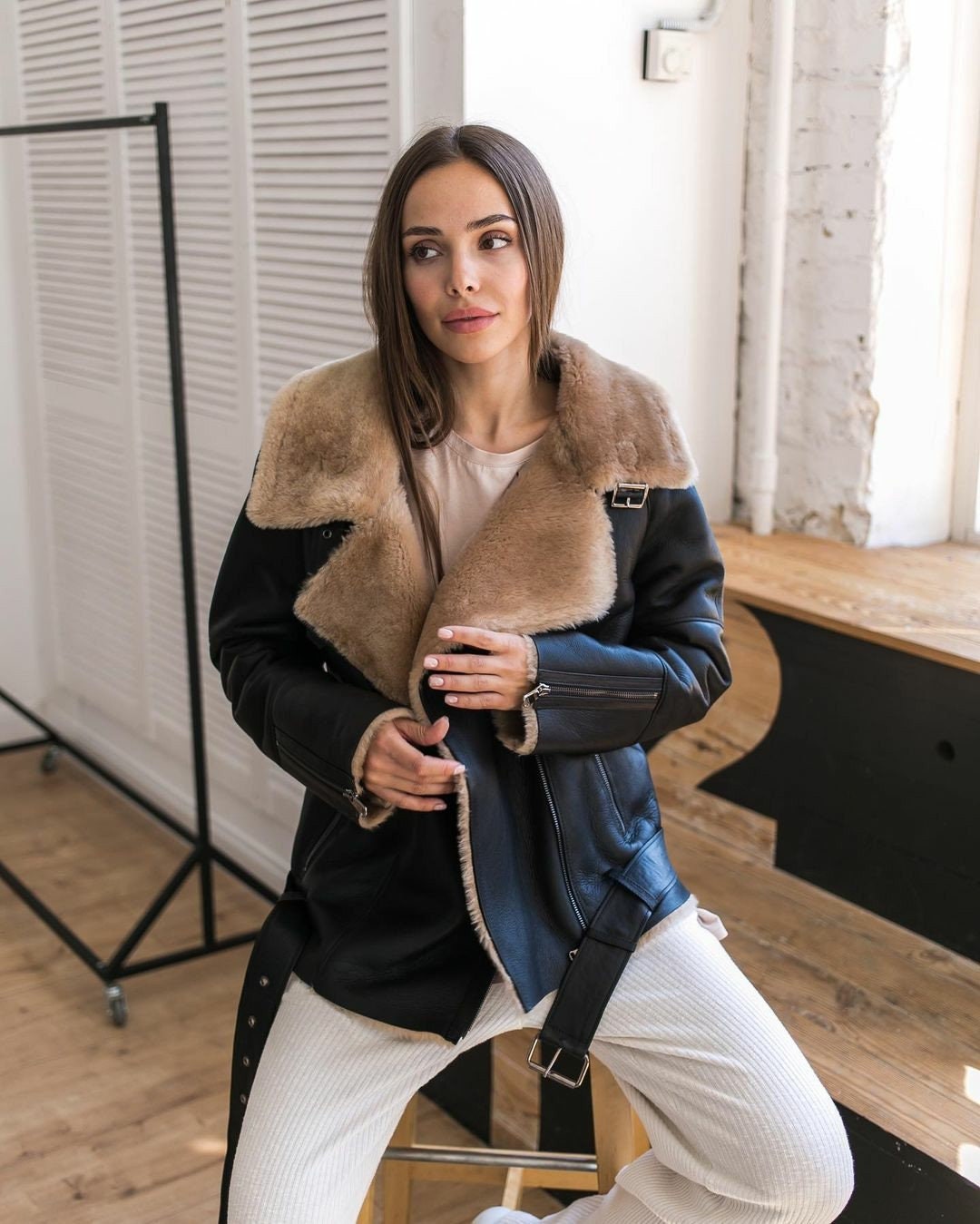 Women Aviator Pilot Style B3 Shearling Faux Fur / Genuine Leather ...