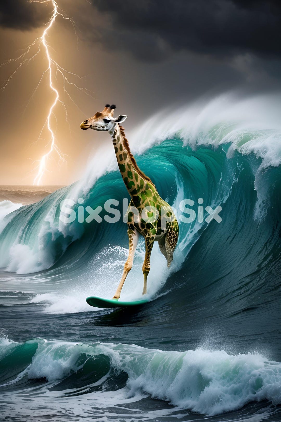 Printable AI Wall Art Surfing Giraffe, Stylish Bedroom Office ...