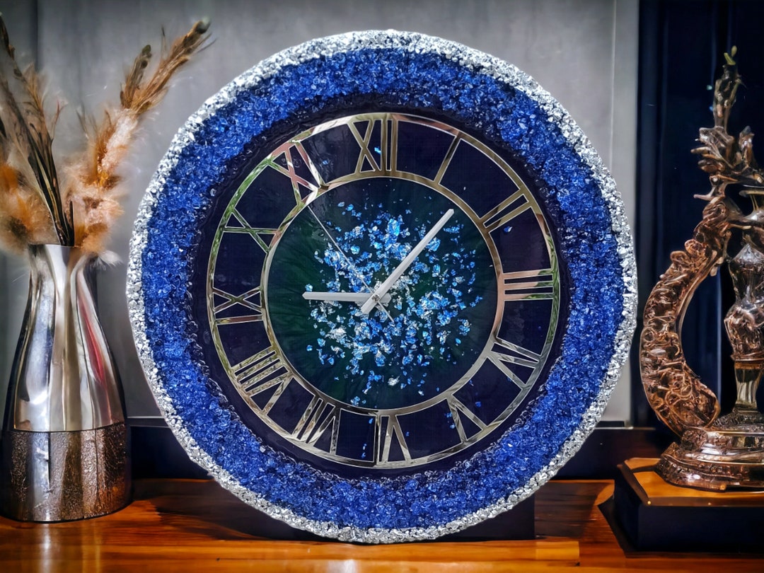 Epoxy Wall Clock, Blue Silver and Blue Stones Clock, Accessory, Wall ...
