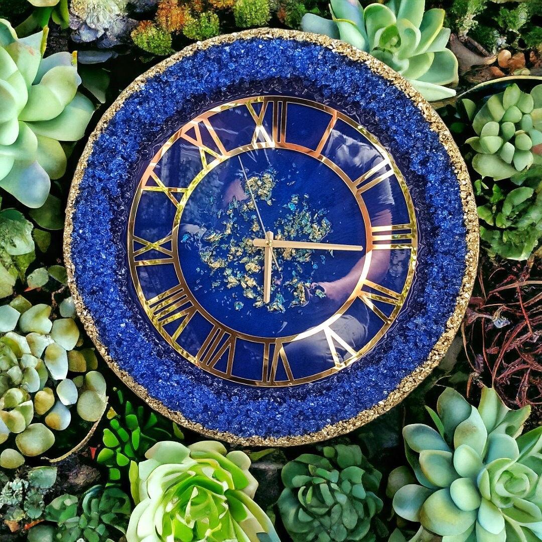 Epoxy Wall Clock, Blue Gold and Blue Stones Clock, Accessory, Wall ...