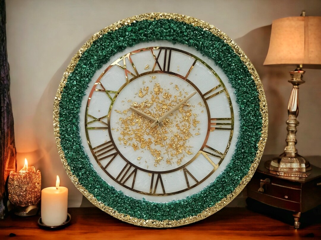 Epoxy Wall Clock, Pearl Gold Emerald Stones, Clock, Accessory, Wall ...