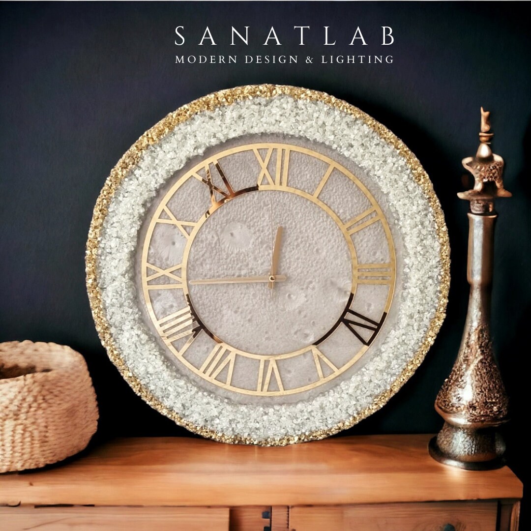 Epoxy Wall Clock, Pearl Color , Gold and Pearl Color Stones Clock ...