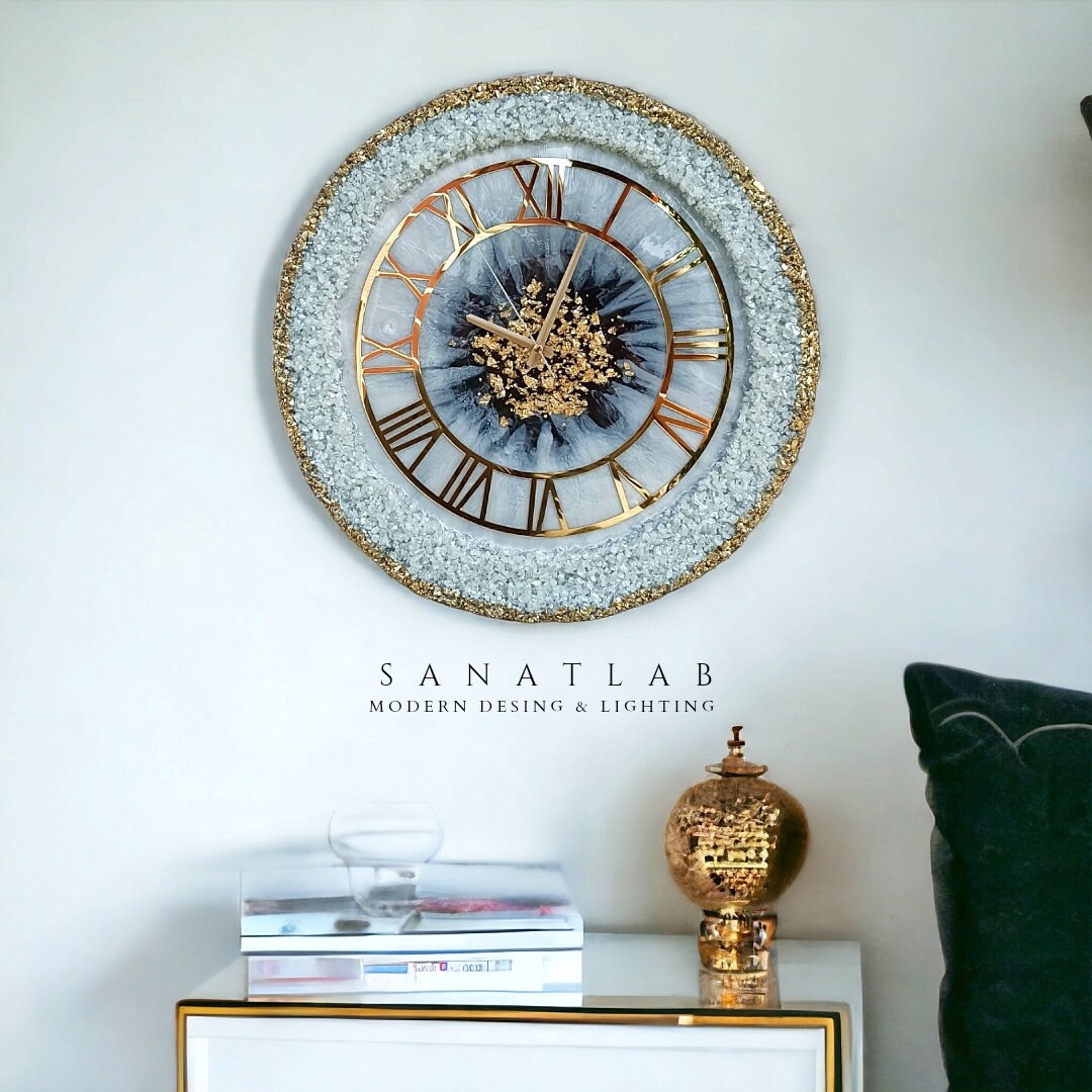 Epoxy Wall Clock, Pearl Gold and Pearl Stones Clock, Accessory, Wall ...