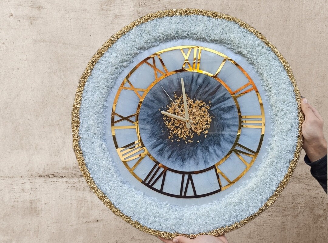 Epoxy Wall Clock, Pearl Gold and Pearl Stones Clock, Accessory, Wall ...