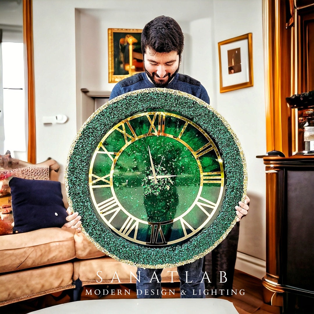 Epoxy Wall Clock, Green Gold and Green Stones Clock, Accessory, Wall ...