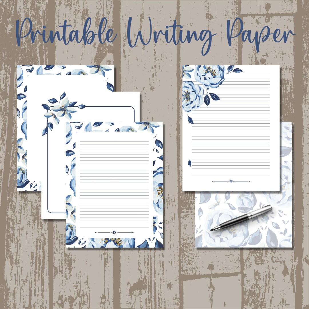 Printable Decorative Writing Paper or Stationery Set With a Blue Floral ...