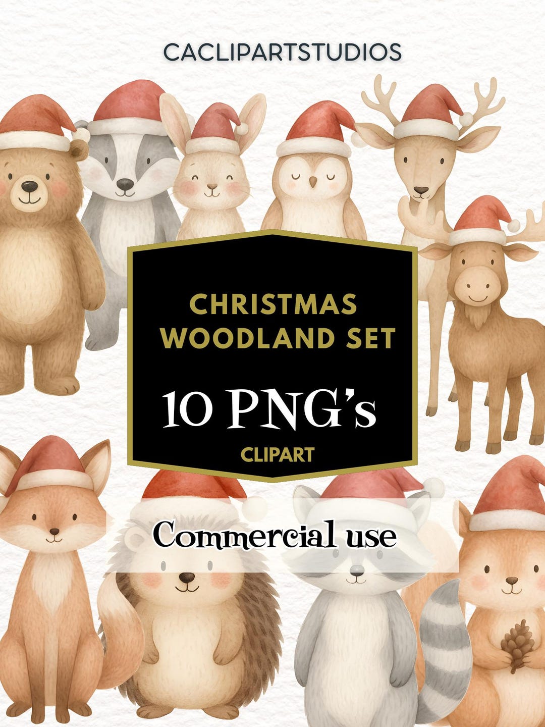 10 Woodland Christmas Animal Clipart Set Pack, Watercolor Graphics With ...