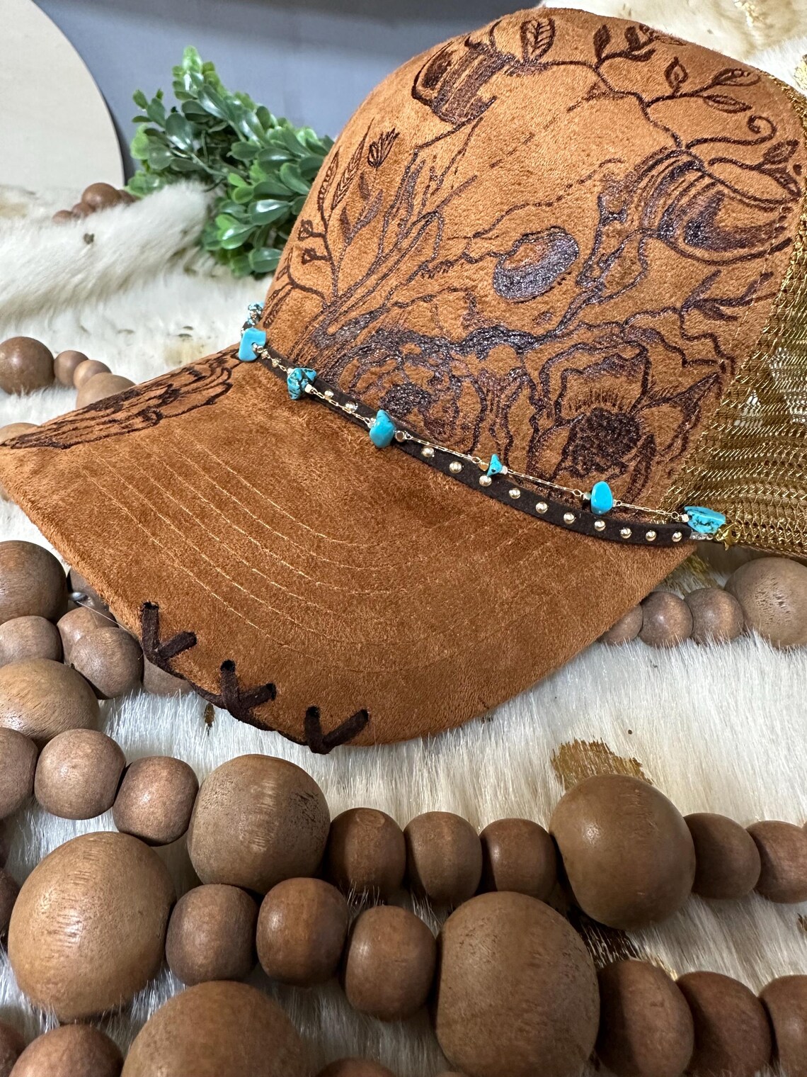 Hand-burned Cow Skull Trucker Hat - Western Floral Suede Cap With ...