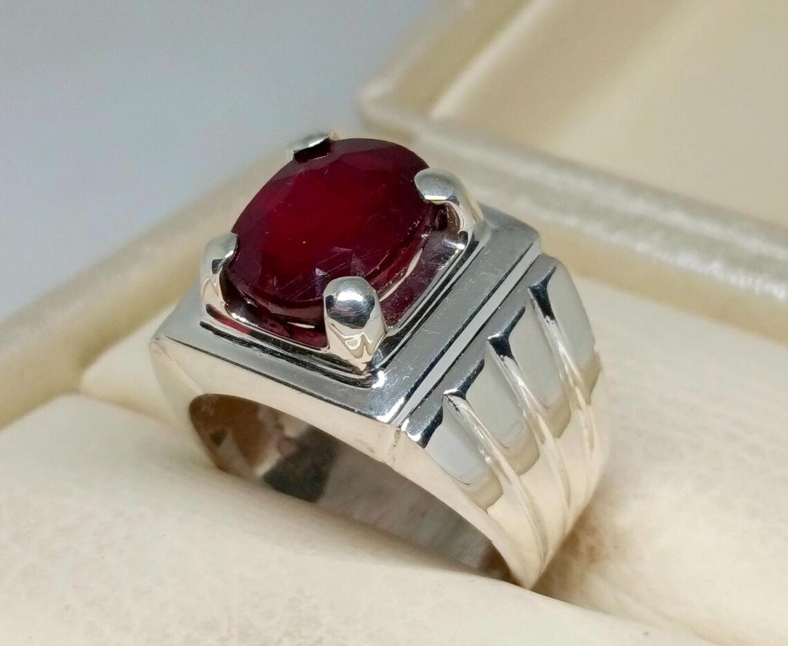 8 Carat Natural Deep Red Burmese Ruby Mens Ring Sterling Silver 925 ...