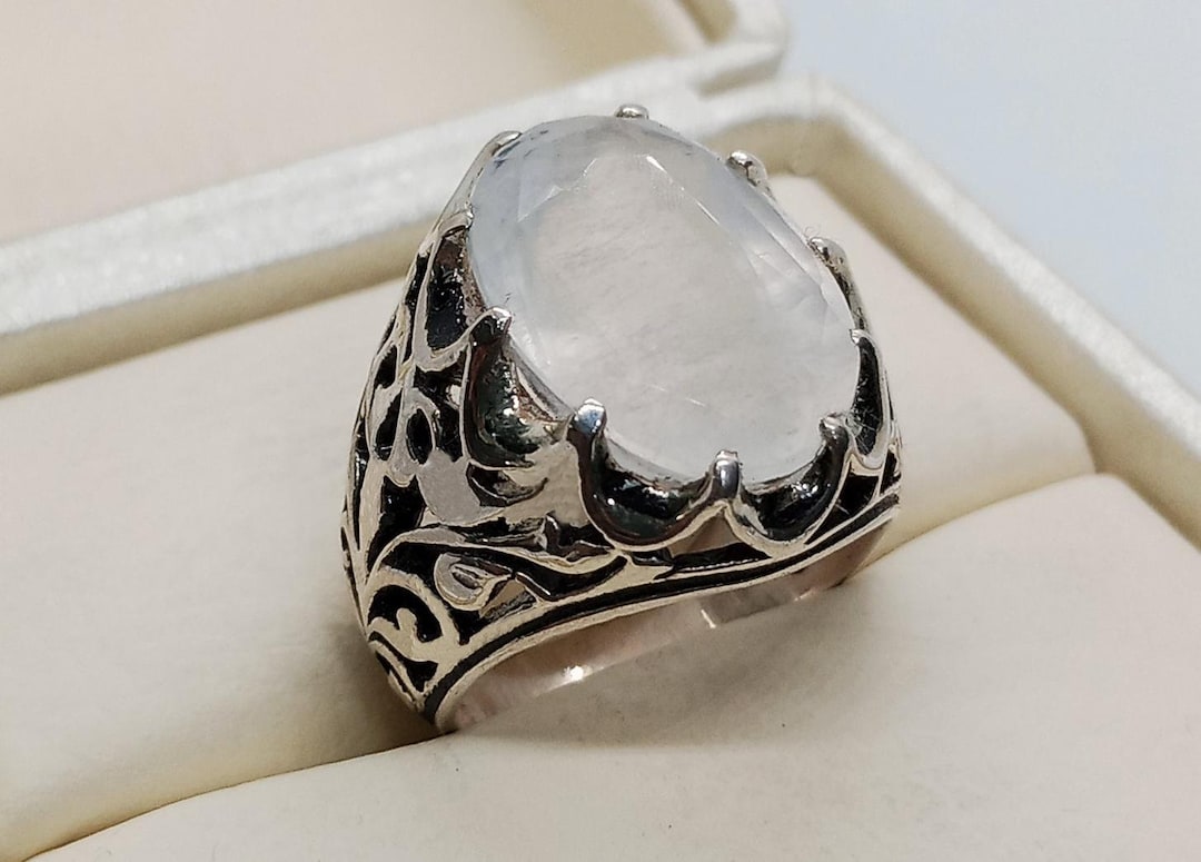 18 Carat Natural White Quartz Mens Ring Sterling Silver 925 Handmade ...