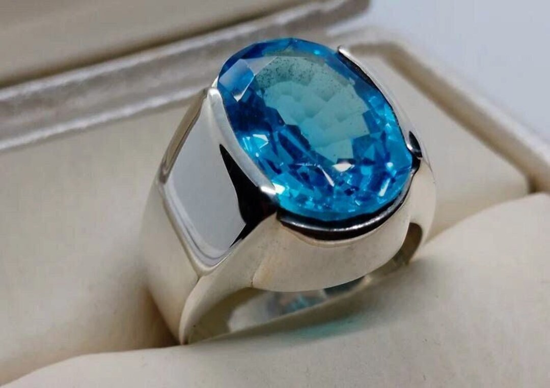 Rare Oval Cut 12 Carat Deep Blue Topaz Mens Plain Ring Sterling Silver ...