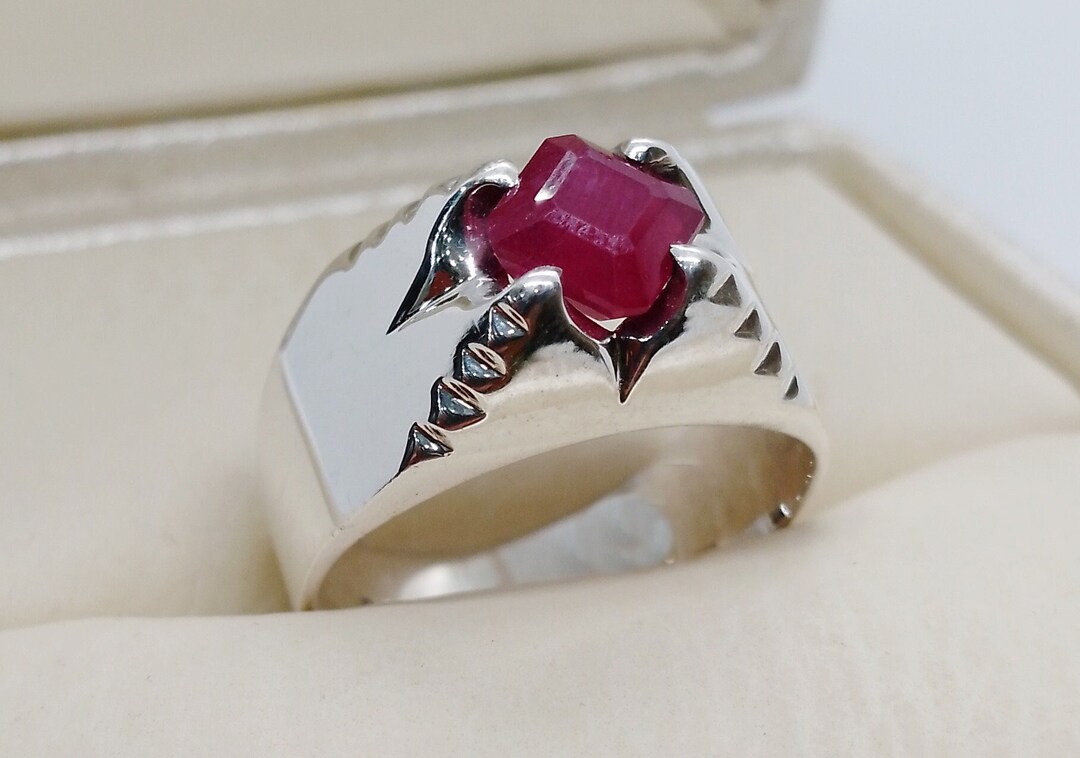 Natural Emerald Cut Red Ruby Ring Sterling Silver 925 Handmade Burma ...