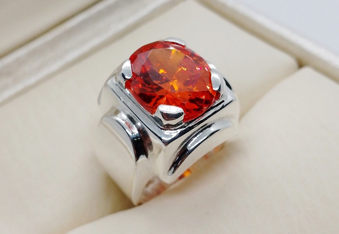 Rare Oval Cut Fire Orange Zircon Mens Star Ring Sterling Silver 925 ...