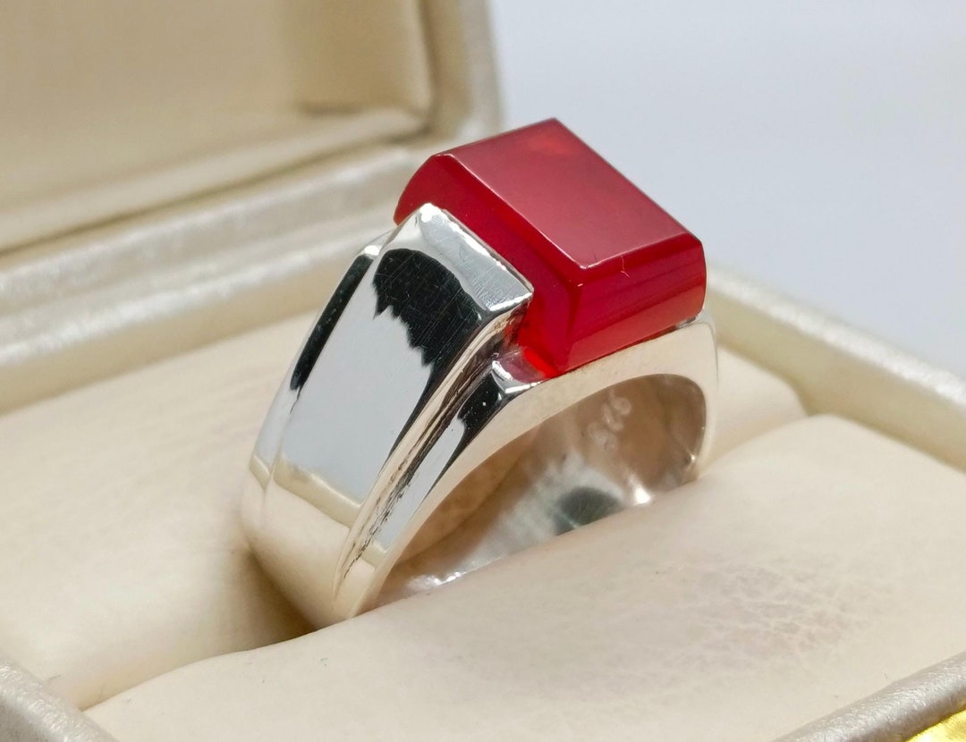 Square Shape Real Red Agate Sterling Silver 925 Mens Agate Ring High ...