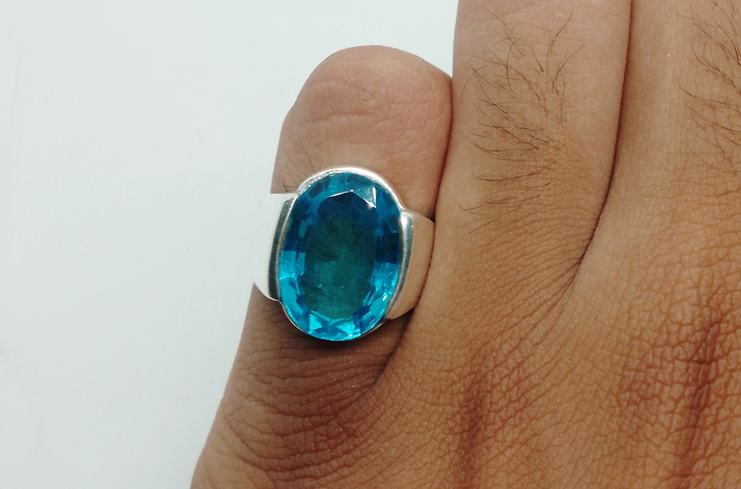Rare Oval Cut 12 Carat Deep Blue Topaz Mens Plain Ring Sterling Silver ...
