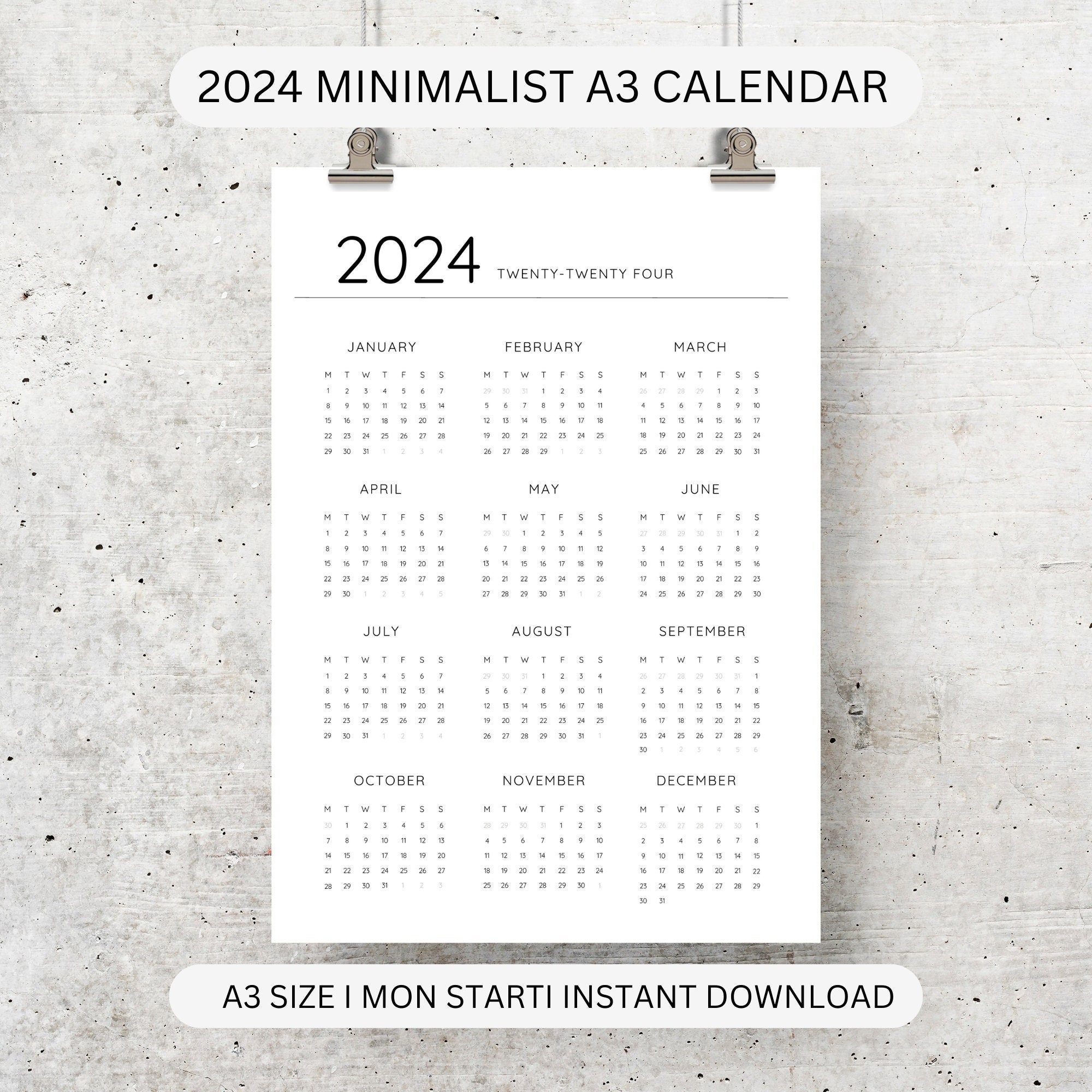 A3 2024 Printable Calendar Digital Download,a3 Size,wall Calendar Moday ...
