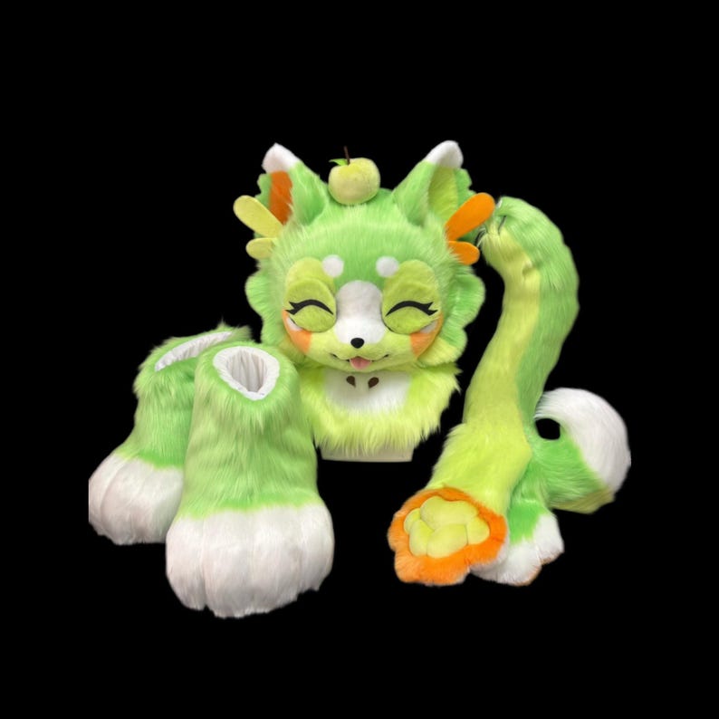 Cute Green Apple Cat Fursuit Head, Furry Pre-made Fur Head + Paw + Tail ...