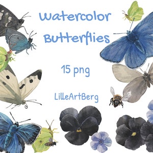 Watercolor Butterfly Clipart Set: Spring Insects & Black Flowers (PNG ...