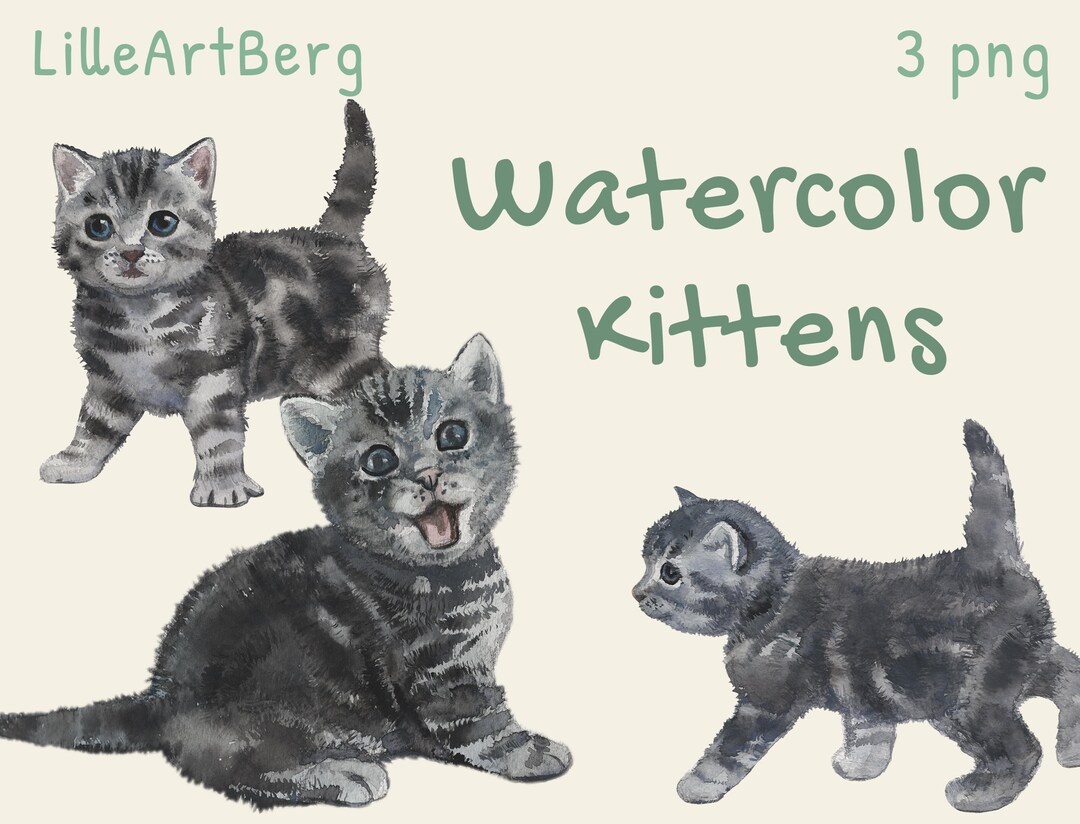 Cute Kitten Clipart Set Baby Pet Watercolor Kitten PNG Tabby Kitten ...