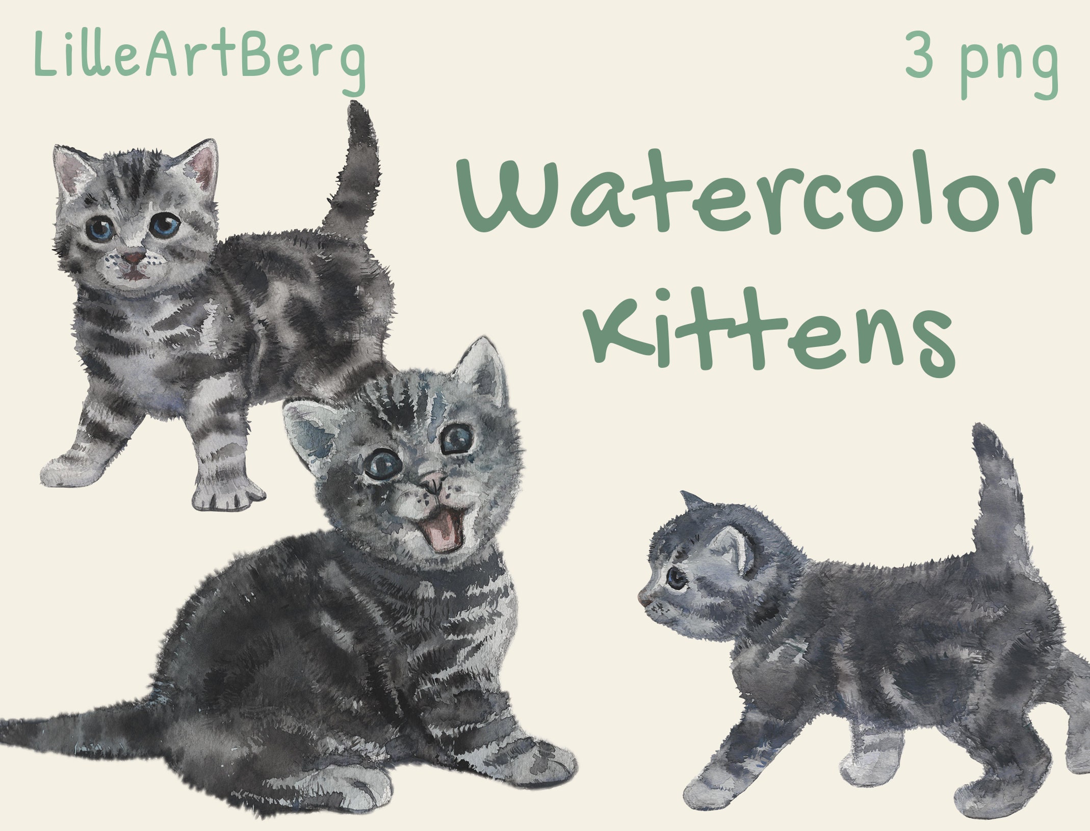 Cute Kitten Clipart Set Baby Pet Watercolor Kitten PNG Tabby Kitten ...