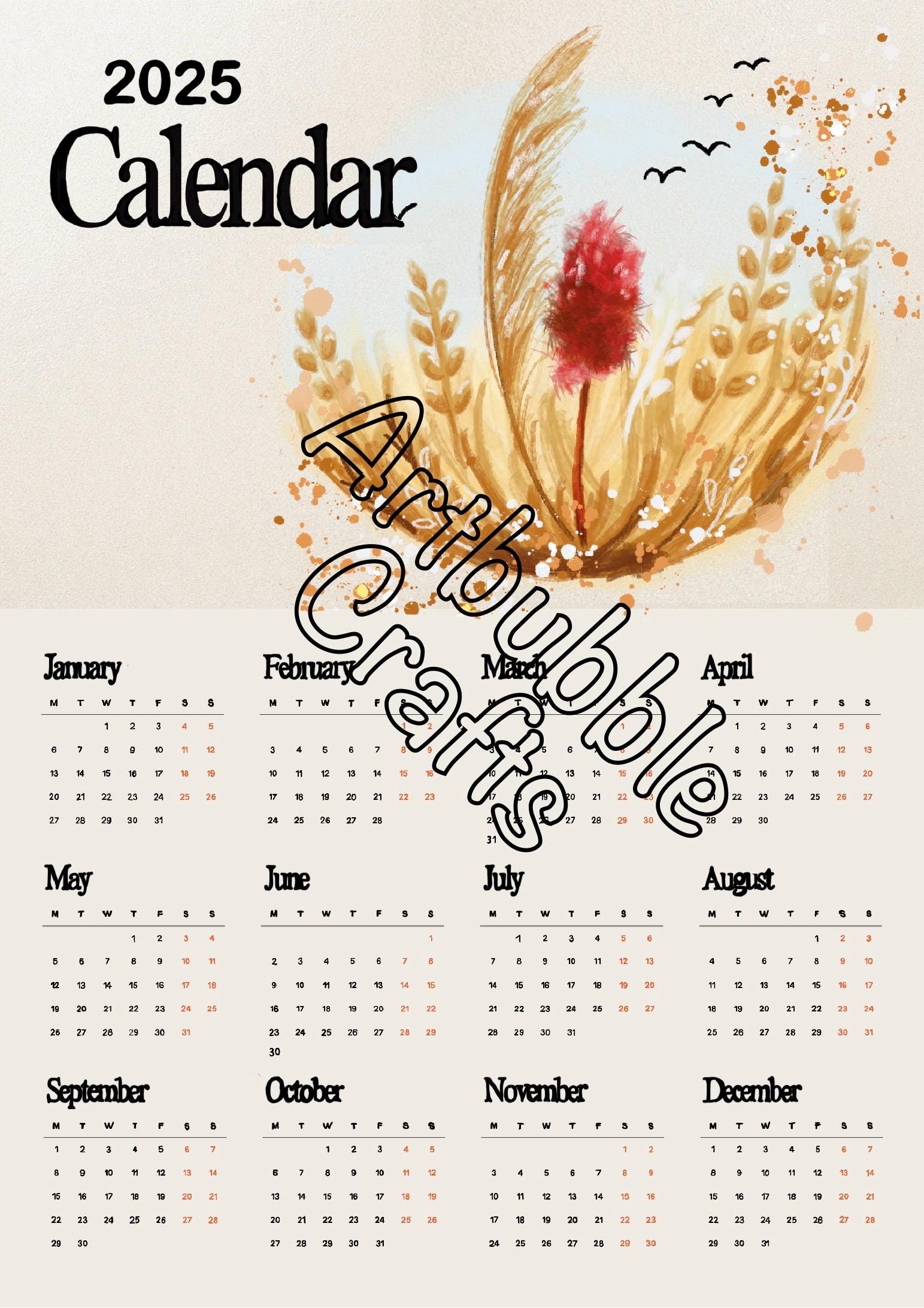 Printable Calendar 2025 Artistic Calendar Hand Illustrated Calendar - Etsy
