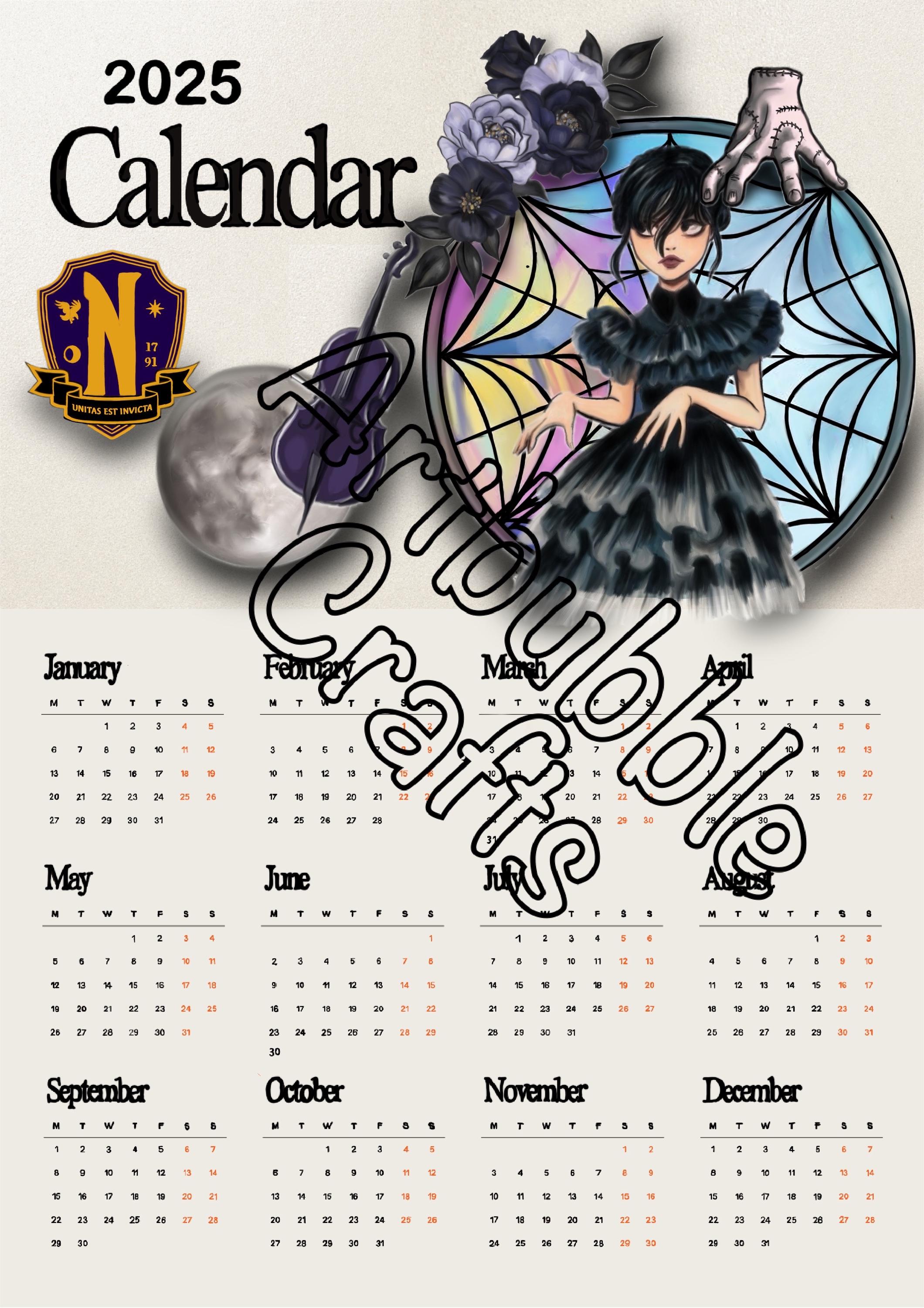 2025 Calendar | Gothic Wednesday-inspired Calendar | Digitally ...